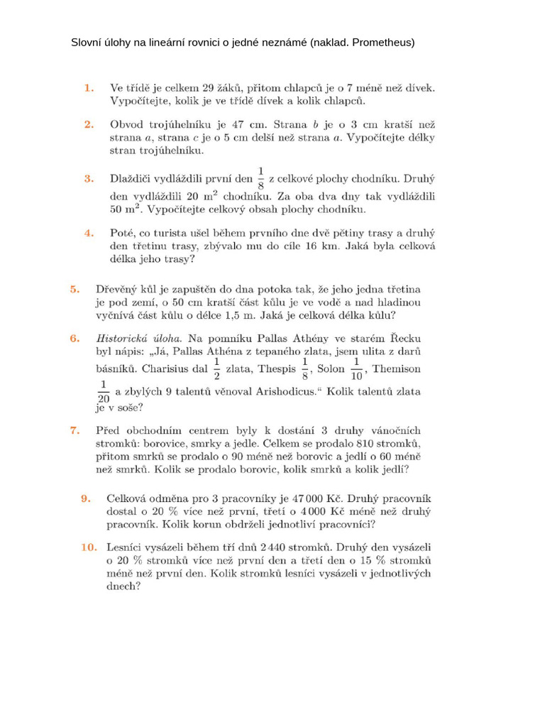 Slovní Úlohy - Lineární - Rovnice - 1neznámá 1 | PDF