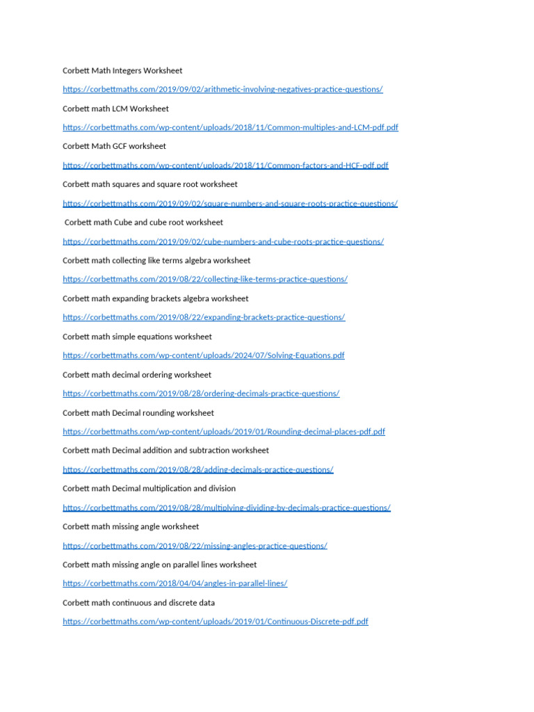 Corbett Math Worksheet Links | PDF