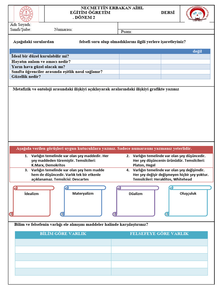 10.Sinif-felsefe-1.Donem-2.Yazili-Sorulari-klasik | PDF