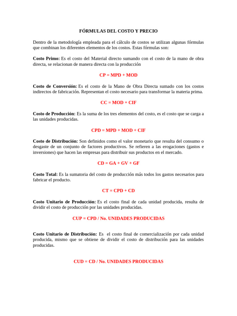 Fórmulas de Costos | PDF | Costo | Costo de producción Teoría del valor