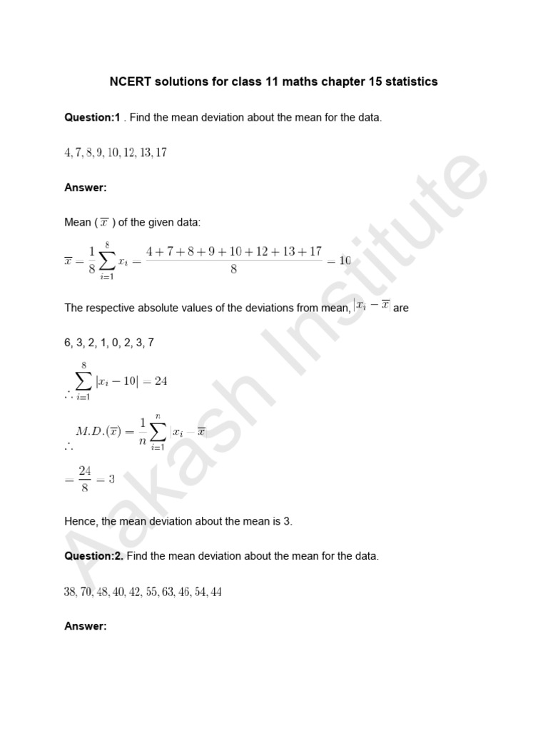 Class 11 Maths: Statistics Solutions | PDF | Coefficient Of Variation ...