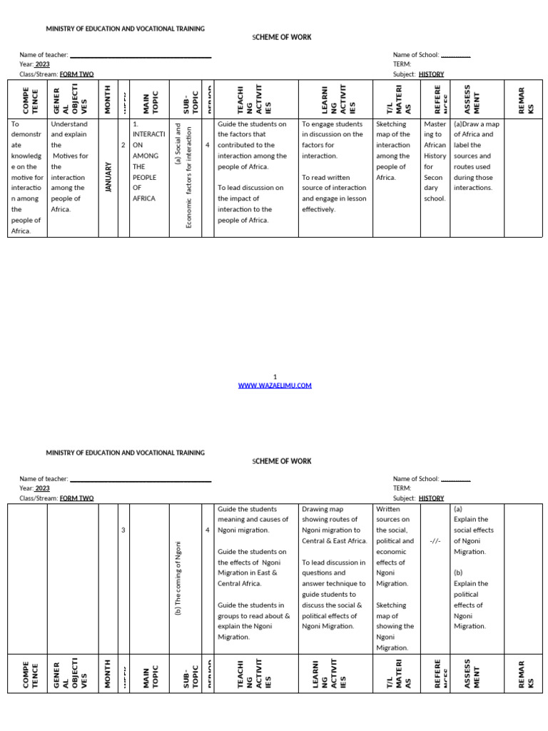 2023 Hist - Form 2 Scheme of Work - Wazaelimu | PDF