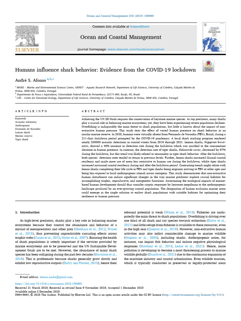 Humans Influence Shark Behavior - Evidence From The COVID-19 Lockdown | PDF | Human Impact On ...