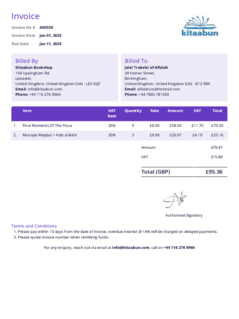 Kitaabun Bookshop Invoice A00539 | PDF