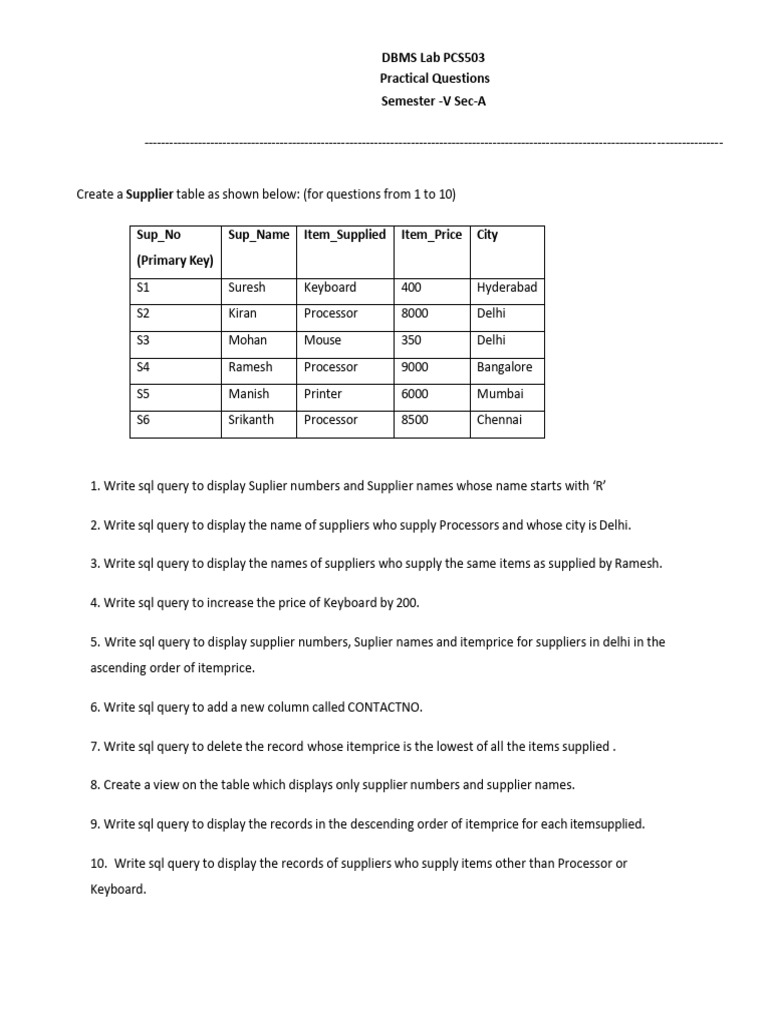 RDBMS Lab Questions 24 | PDF | Sql | Databases RDBMS Lab Questions 24 | PDF | Sql | Databases