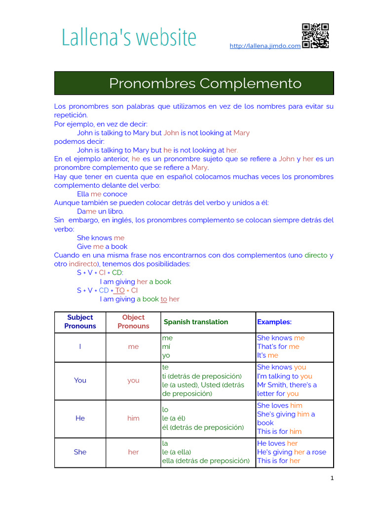 Pronombres Complemento | PDF | Gramática | Sintaxis