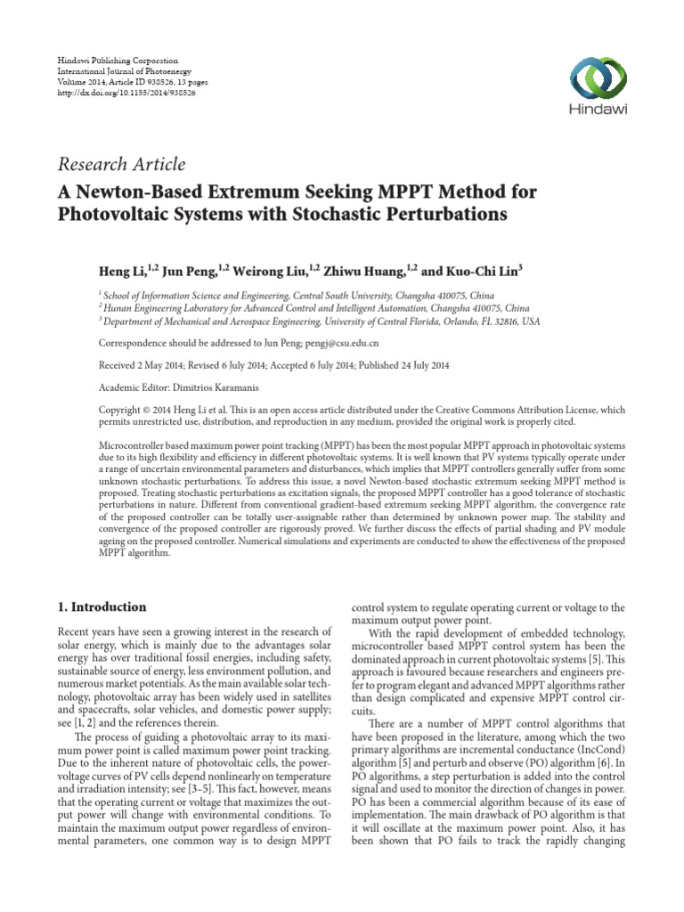 A Newton-Based Extremum Seeking MPPT Method For Photovoltaic Systems With Stochastic ...