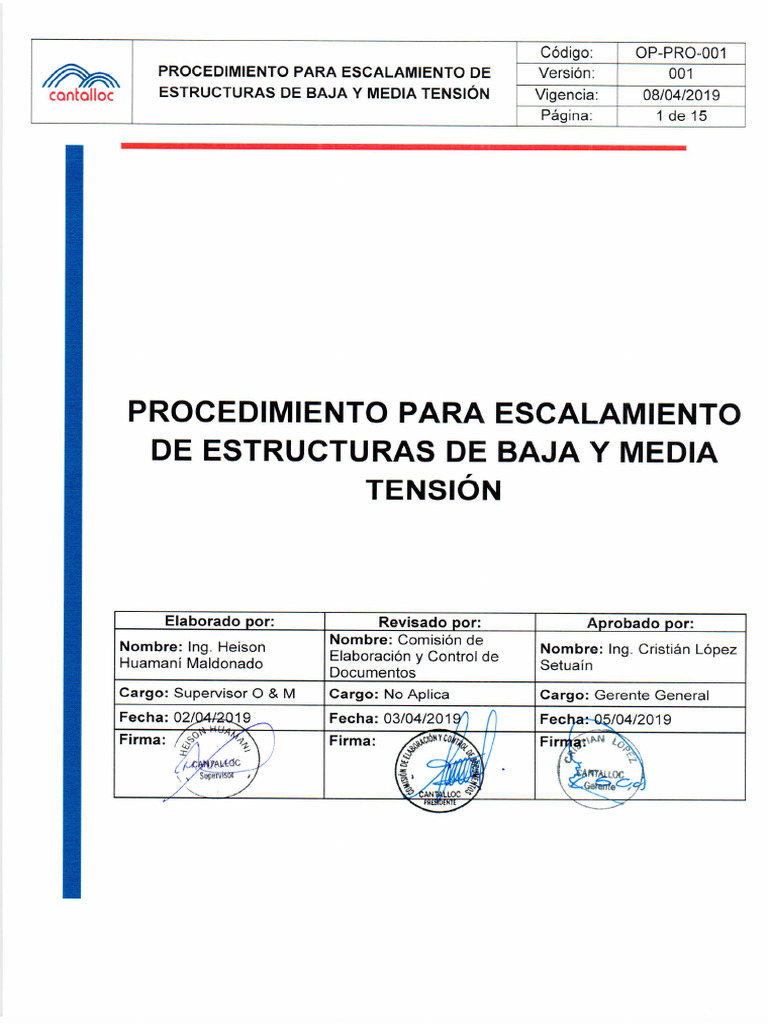 OP-PRO-001 Procedimiento Escalamiento de Estructuras BT y MT | PDF