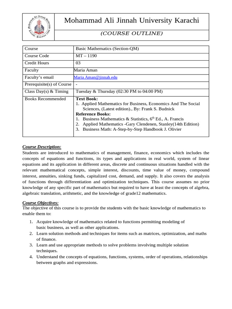 Course Outline-Basic Mathematics (Fall 2024) | PDF | Equations ...