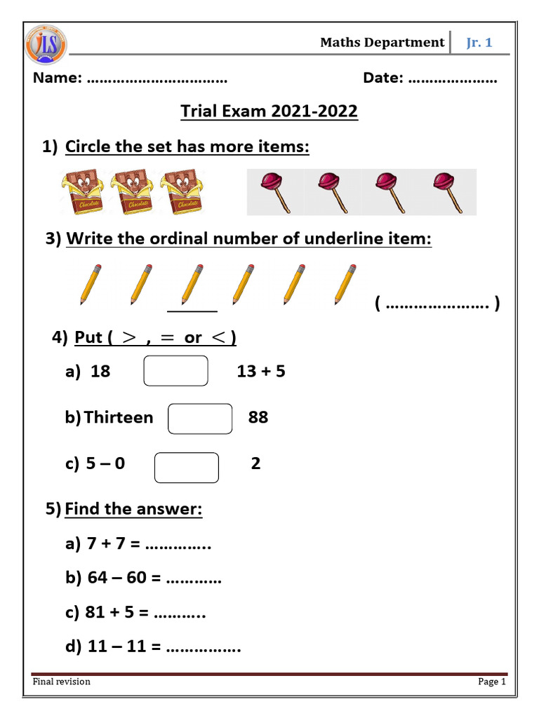 Exam Sample1 JR 1 1st Term | PDF