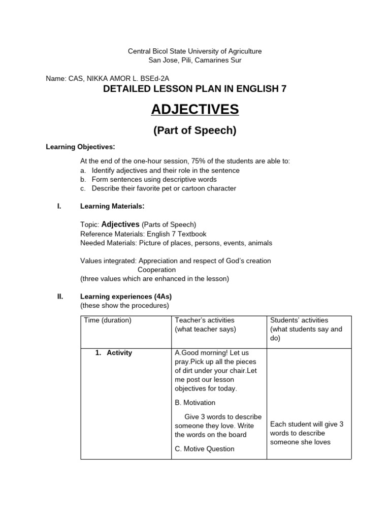 Detailed Lesson Plan on Adjectives | PDF