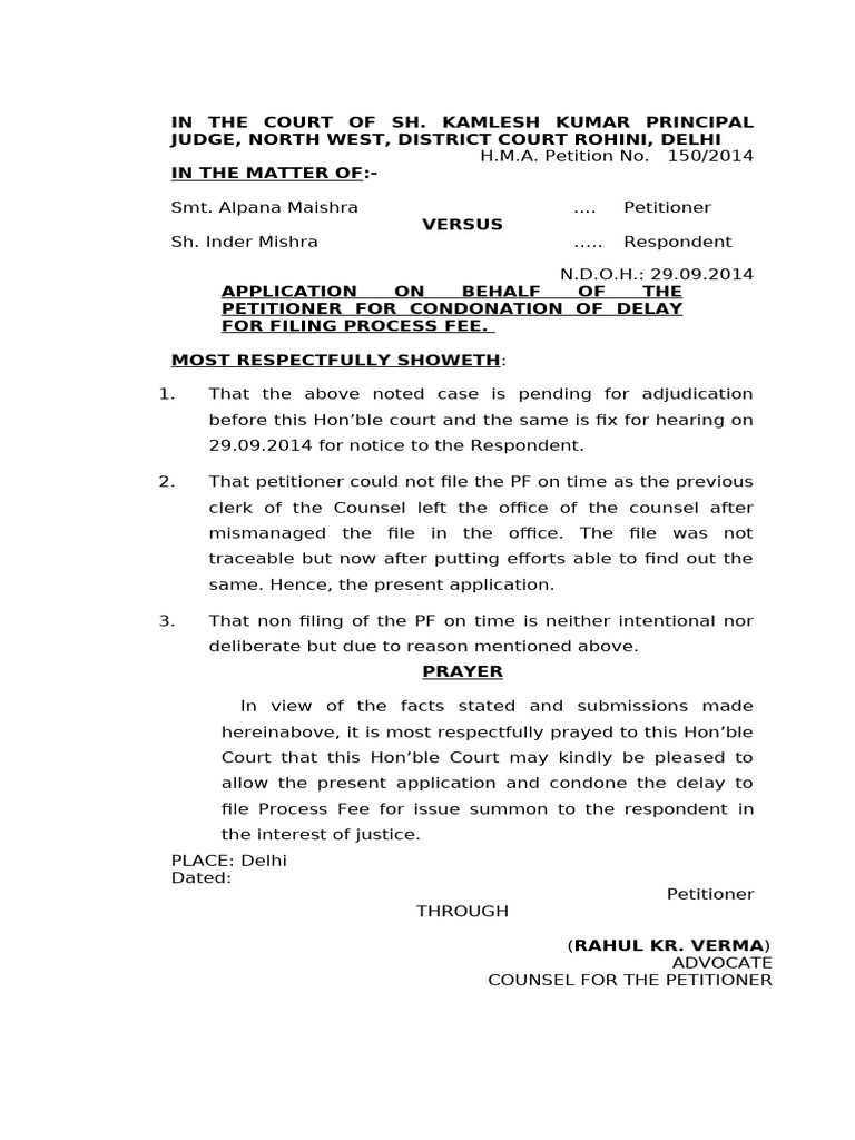 Delay Condonation Application in H.M.A. Petition | PDF