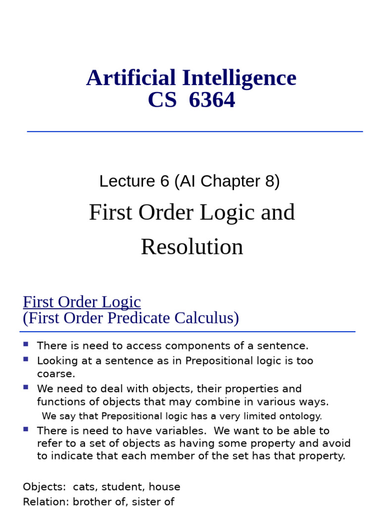 CS6364 Lecture6 - Ch08 FOL - Rev4 | PDF | First Order Logic | Syntax (Logic)