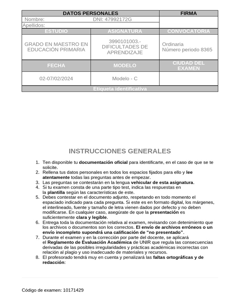 Instrucciones para Examen de Dificultades de Aprendizaje | PDF ...