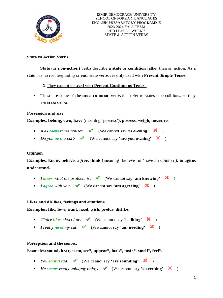 State and Action Verbs | PDF | Grammatical Tense