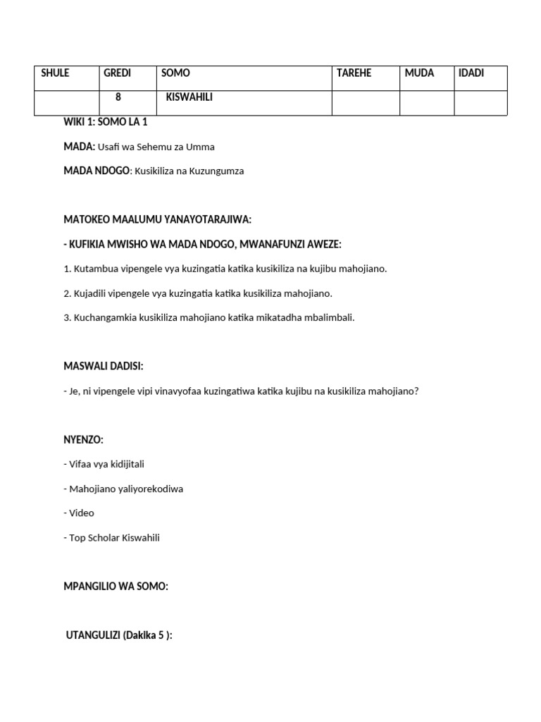 Andalio La Somo Gredi Ya 8 Kiswahili | PDF