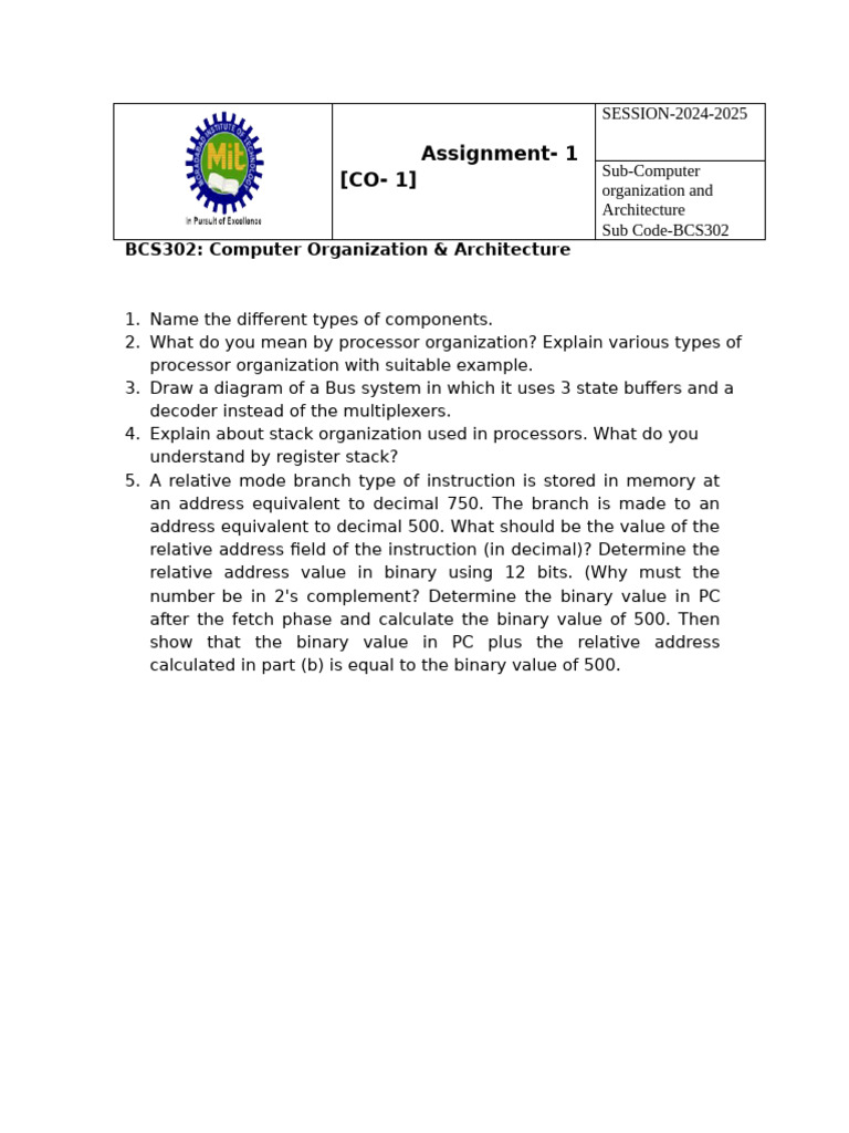 Computer Organization Assignment 2024 | PDF