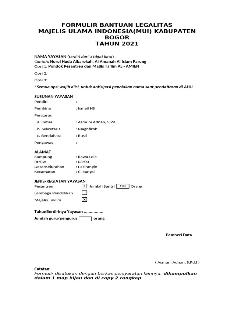 Form Legalitas MUI 2021 | PDF