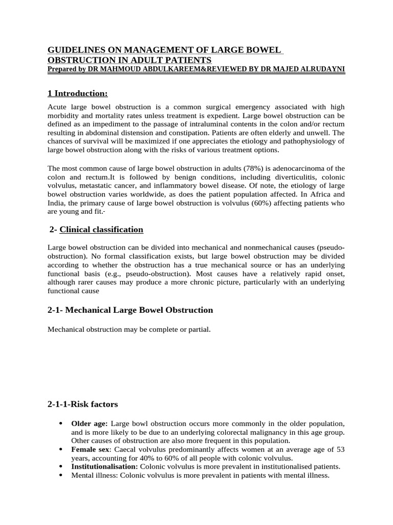 Guidelines on Management of Large Bowel Obstruction in Adult Patients ...