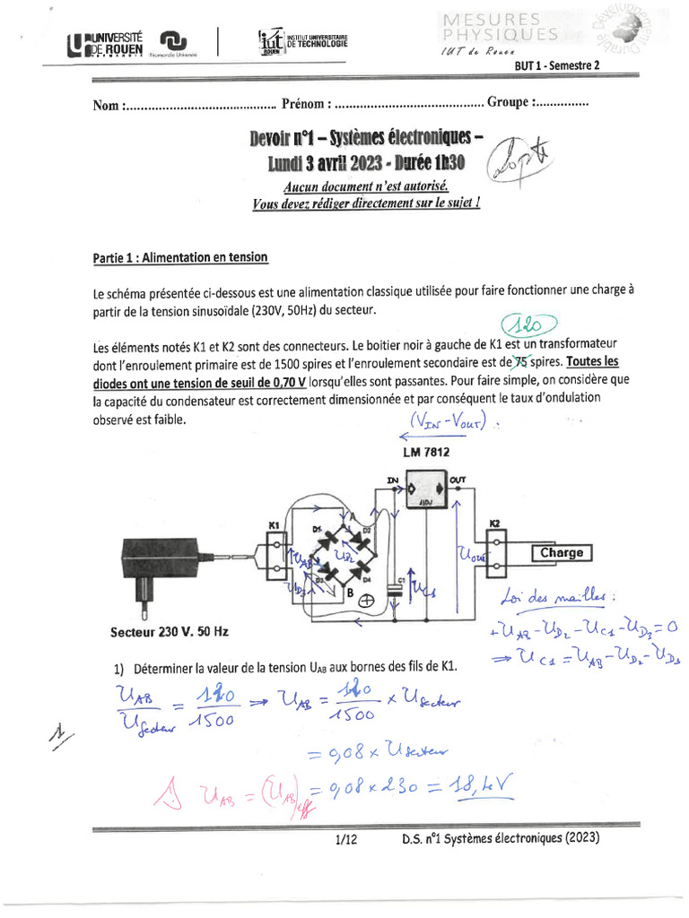 Systèmes Électroniques DS1 2023 Correction | PDF