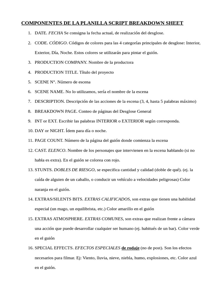 Detalle Del BREAKDOWN SCRIPT SHEET Desglose | PDF