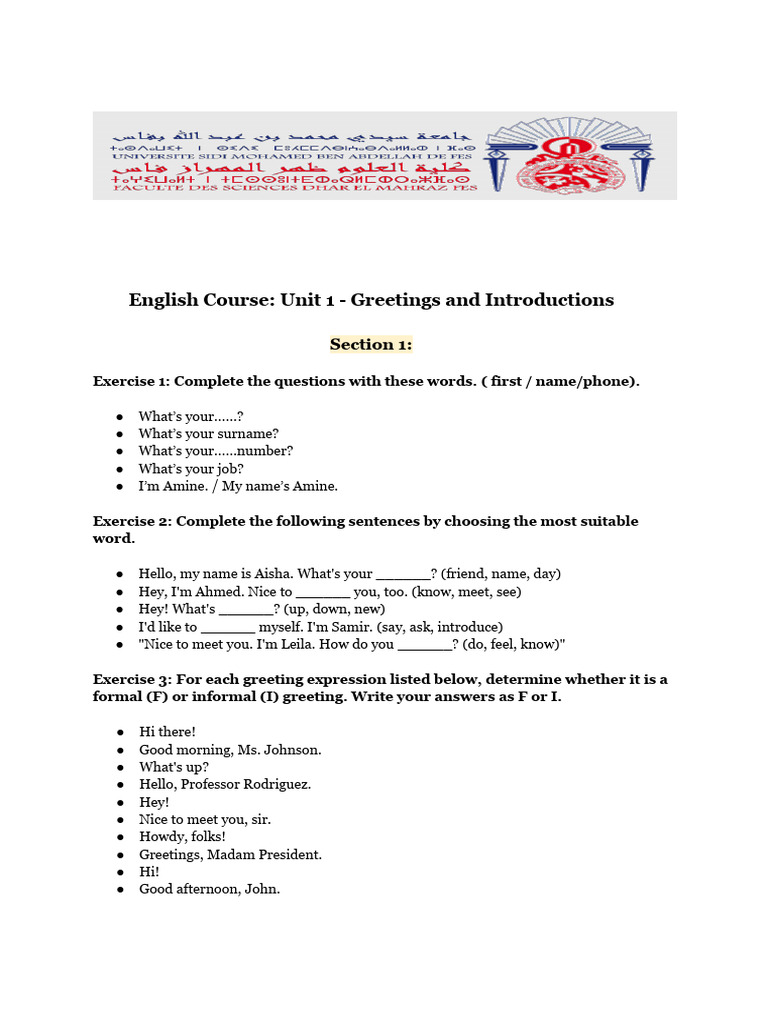 English Course - Unit 1 - EX | PDF | Noun | Verb