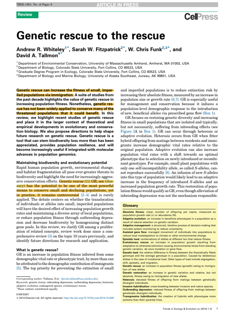Genetic Rescue To The Rescue | PDF | Genetic Diversity | Fitness (Biology)