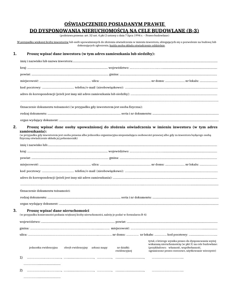 B-3 Oswiadczenie o Posiadanym Prawie Do Dysponowania Nieruchomoscia Na ...