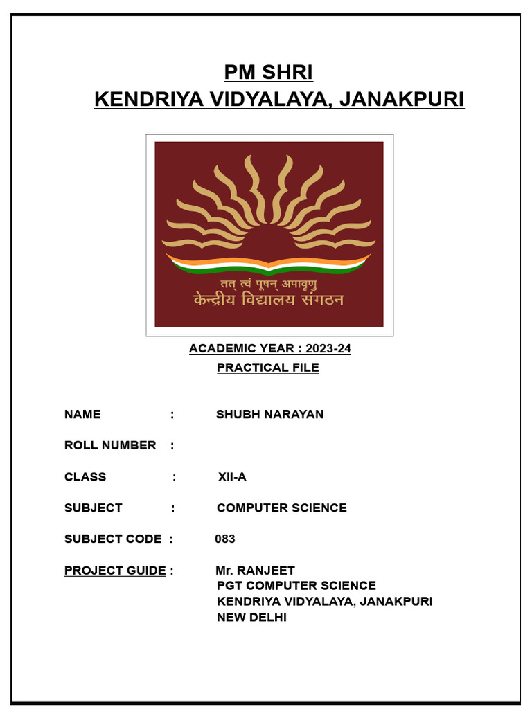Class 12-CS Practical File 2023 Sample 1 | PDF | Sql | Databases