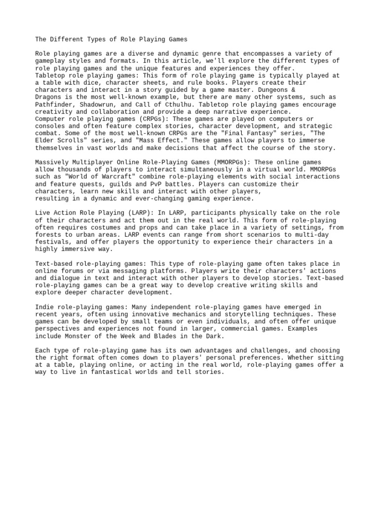 The Different Types of Role Playing Games | PDF | Role Playing Games ...