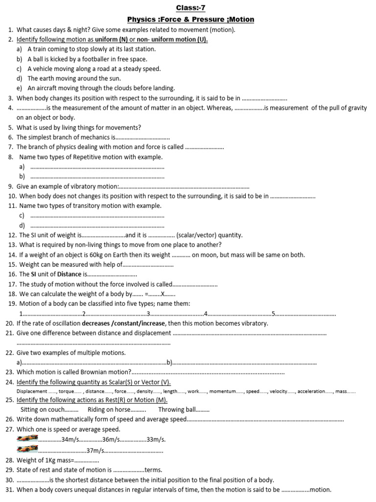 Force and Motion Concepts for Class 7 | PDF | Weight | Force