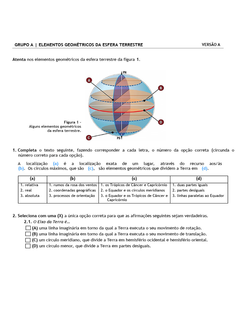 Ficha Geografia 7 Ano ELEMENTOS GEOMETRICOS DA ESFERA TERRESTRE E ...