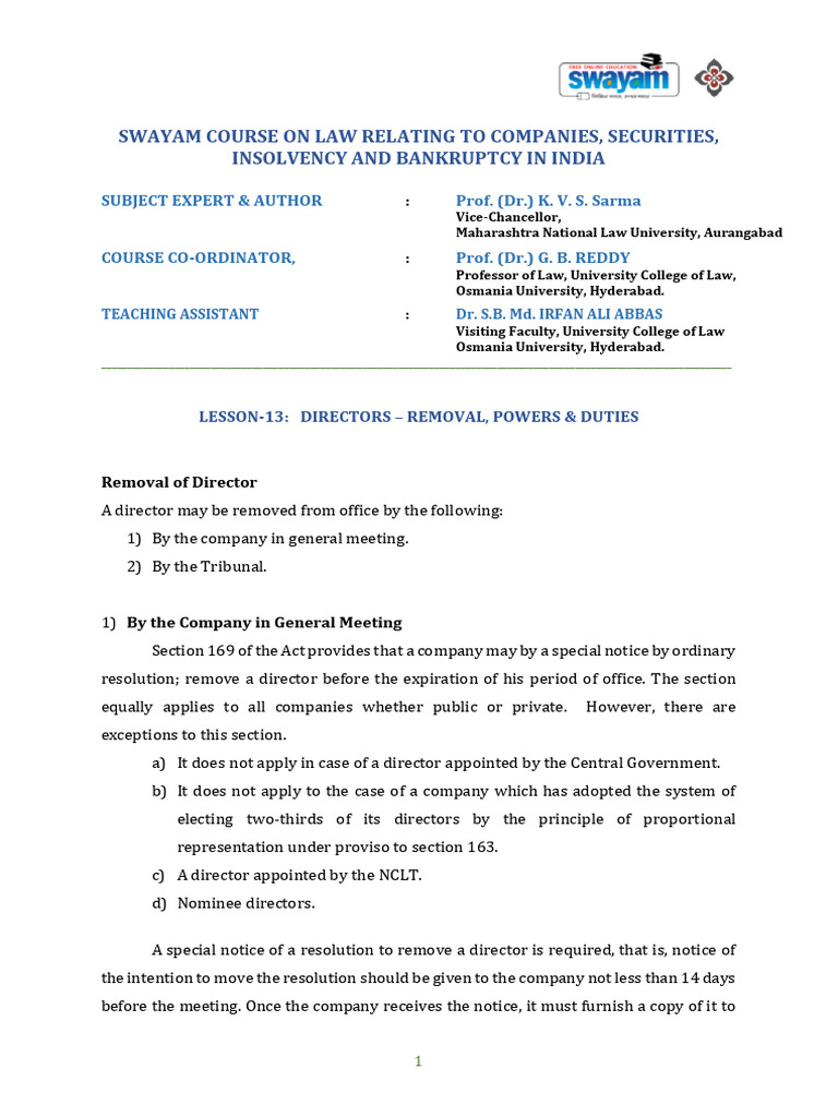 Directors Removal Power Duties | PDF | Bankruptcy | Board Of Directors