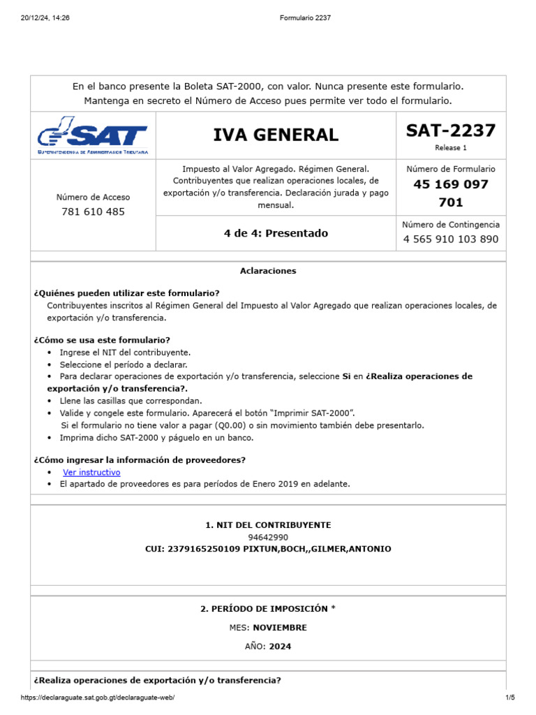 Instrucciones para Formulario SAT-2237 | PDF | Impuesto al valor ...