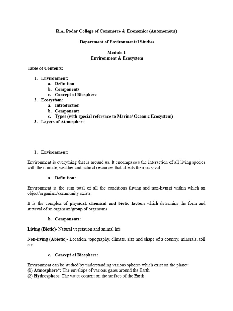 Sem-I Module-1 Environment & Ecosystem | PDF | Atmosphere Of Earth | Atmosphere