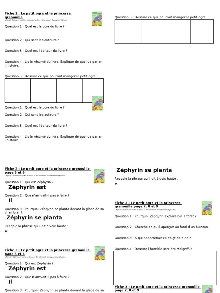 Le Petit Ogre Et La Princesse Grenouille Questions de Compréhension CE1 ...
