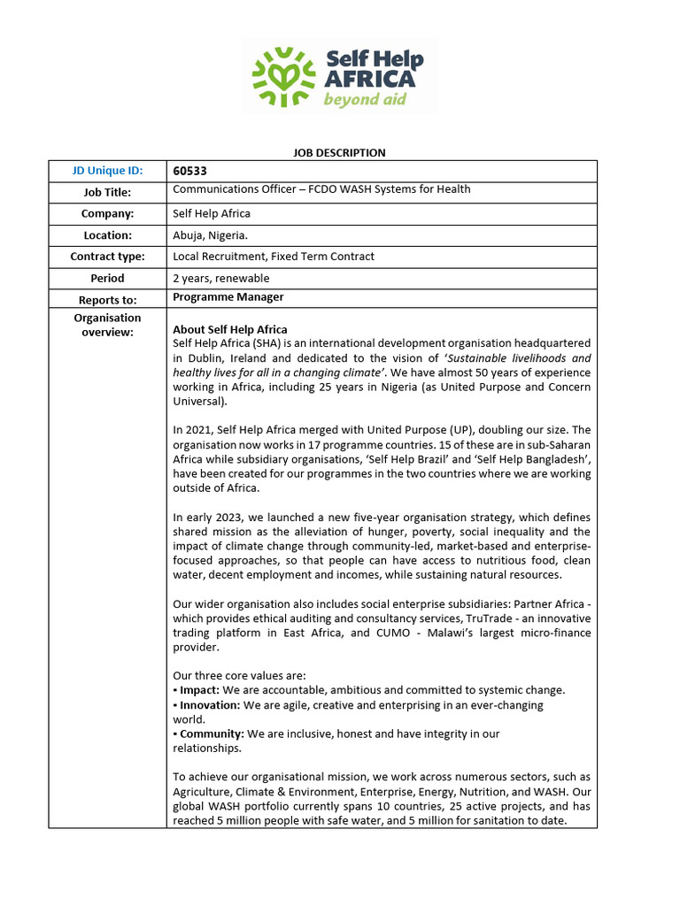 Final Job Description Communications Officer - FCDO WASH Systems For ...