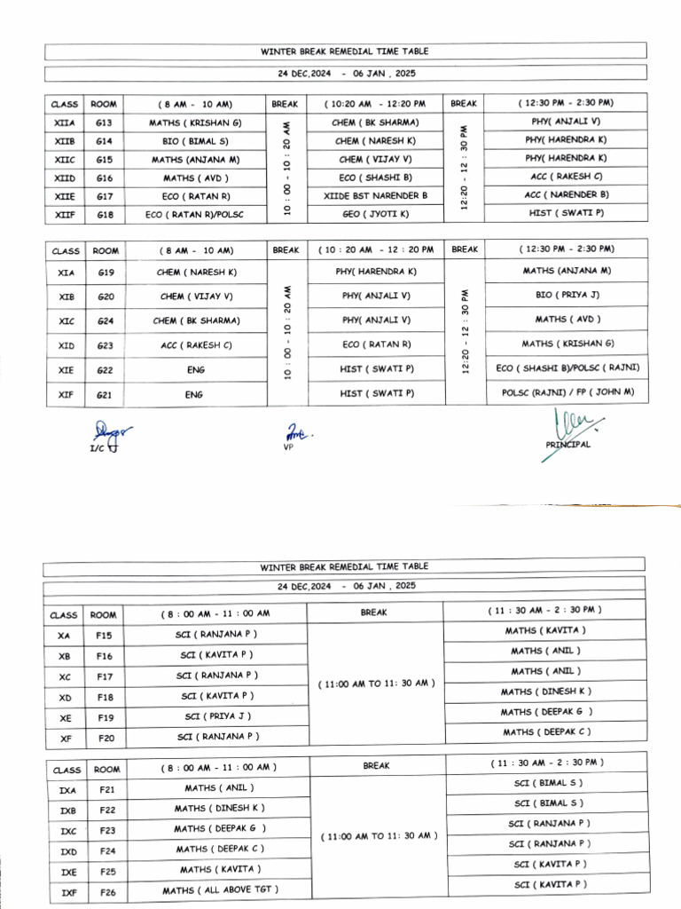 Winter Break Time Table | PDF