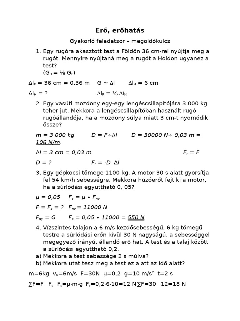 Erő, Erőhatás - Gyak - Megoldókulcs | PDF