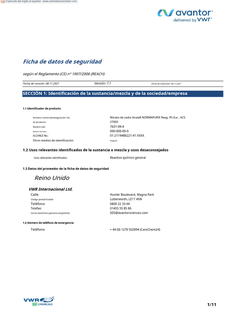 VWR Life Science - Nitrato de Sodio - En.es | PDF | Agua | Química