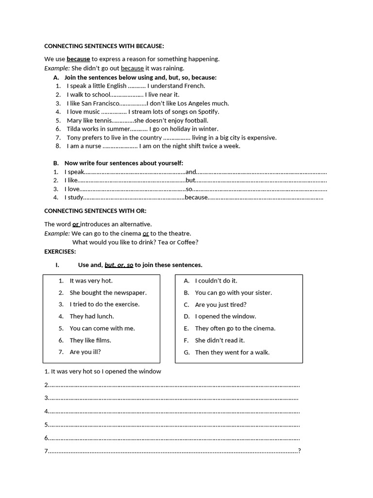 Connecting Sentences with Because and Or | PDF