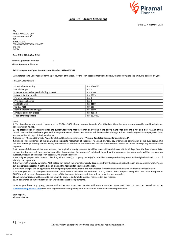 Loan Pre-Closure Statement 2024 | PDF | Loans | Cheque