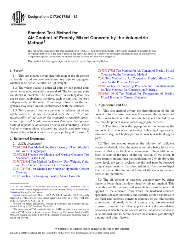 C173 Air Content of Freshly Mixed Concrete by Volumetric Method | PDF ...