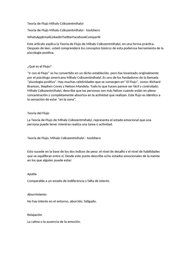 Teoría de Flujo de Csikszentmihalyi | PDF | Flujo (psicología) | Las ...