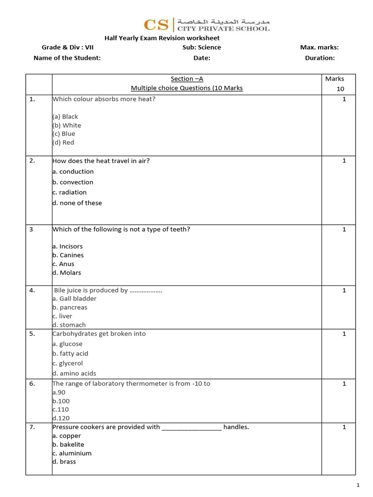 Science Revision Worksheet for Grade VII | PDF | Temperature | Thermometer