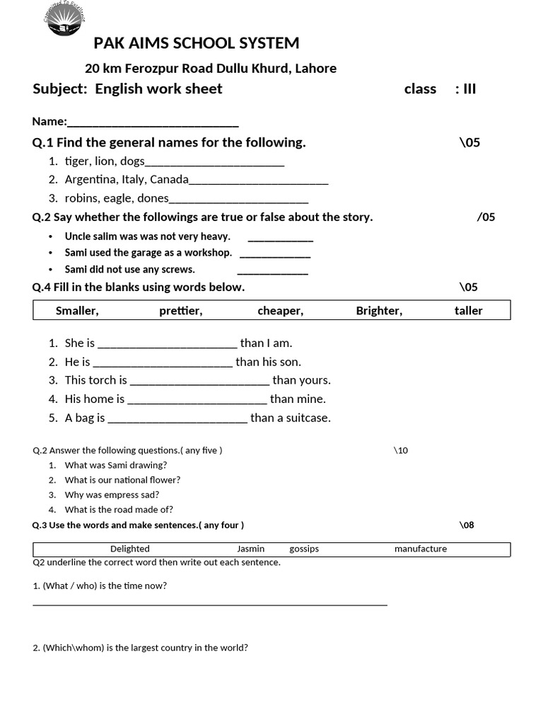 Grade 3 English Worksheet | PDF | Morphology | Language Mechanics