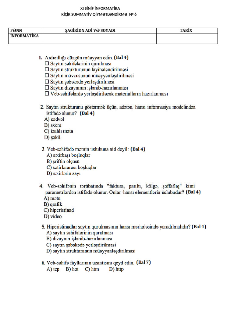 İnformatika - XI Sinif. KSQ-6 | PDF