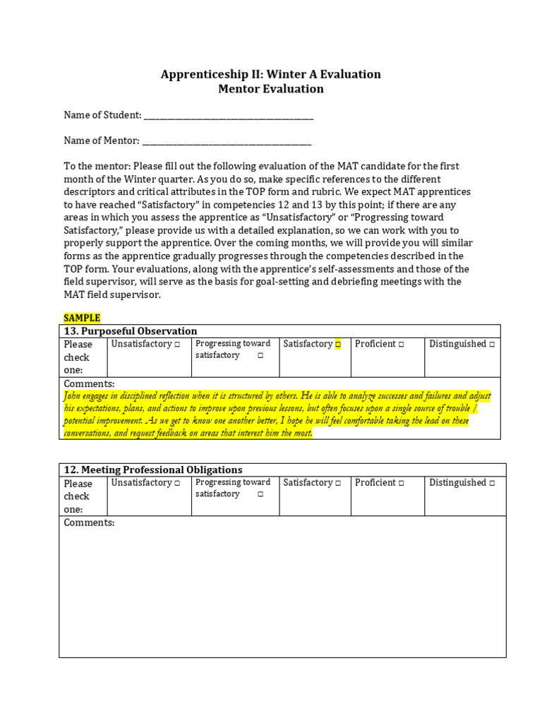 Winter Apprenticeship Mentor Evaluation | PDF | Apprenticeship | Cognition