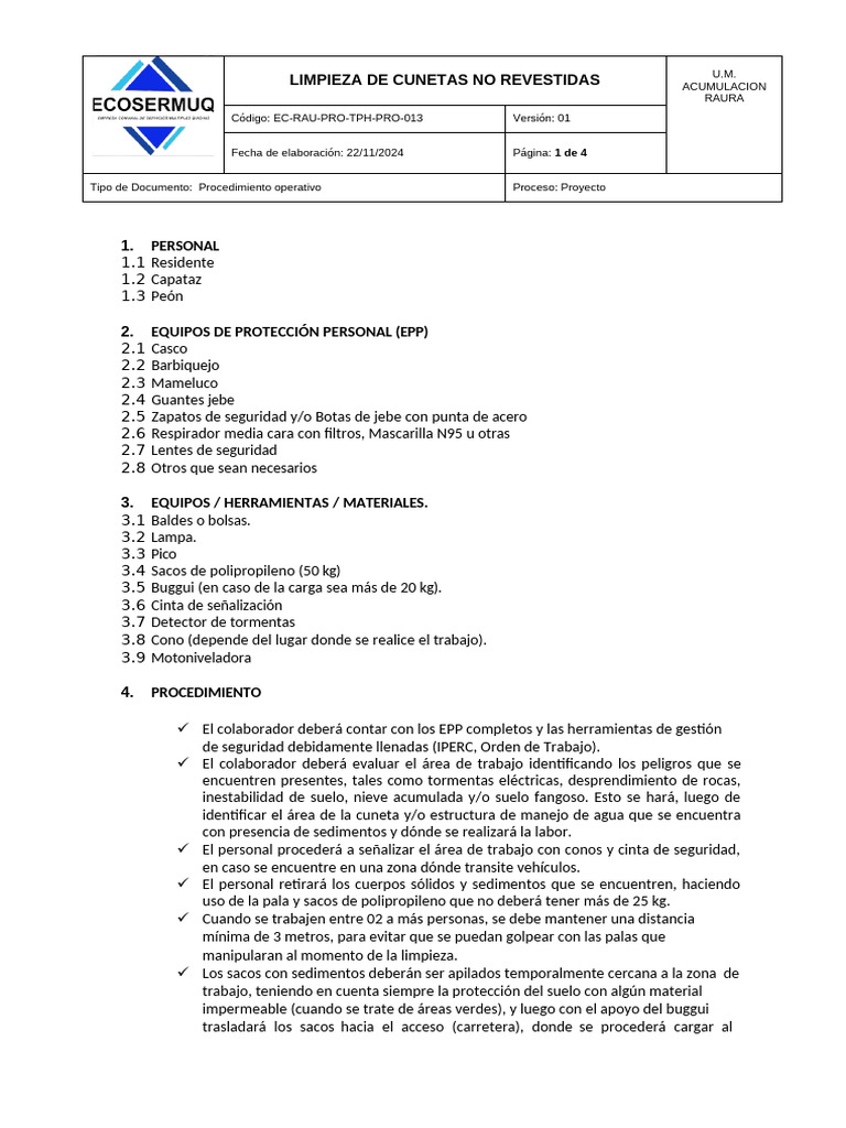 EC-RAU-MAP-LCE-PRO-004 Limpieza de Cunetas No Revestidas | PDF
