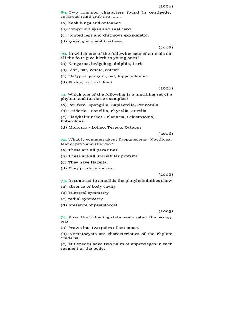 Zoology Quiz for Biology Students | PDF